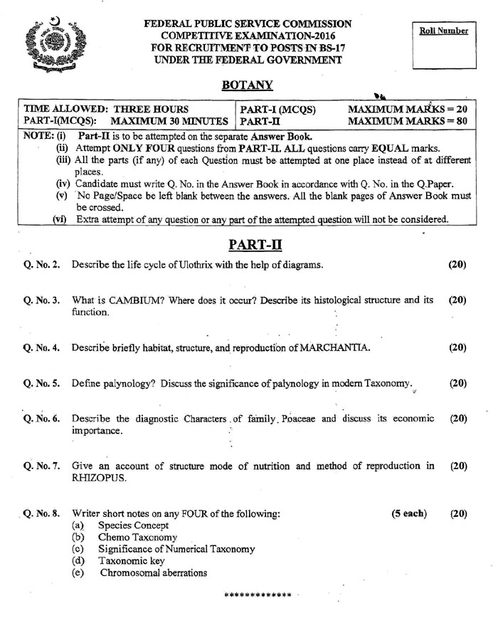Botany Css 2016 Paper Jahangir S World Times