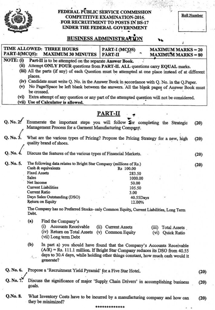 Business Administration CSS Paper 2016 – Jahangir's World Times