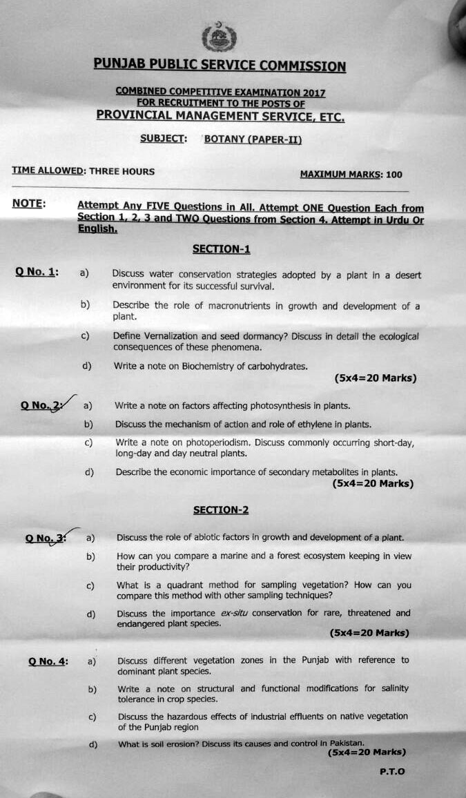 Botany Paper Ii Pms Past Paper 2017 Jahangir S World Times
