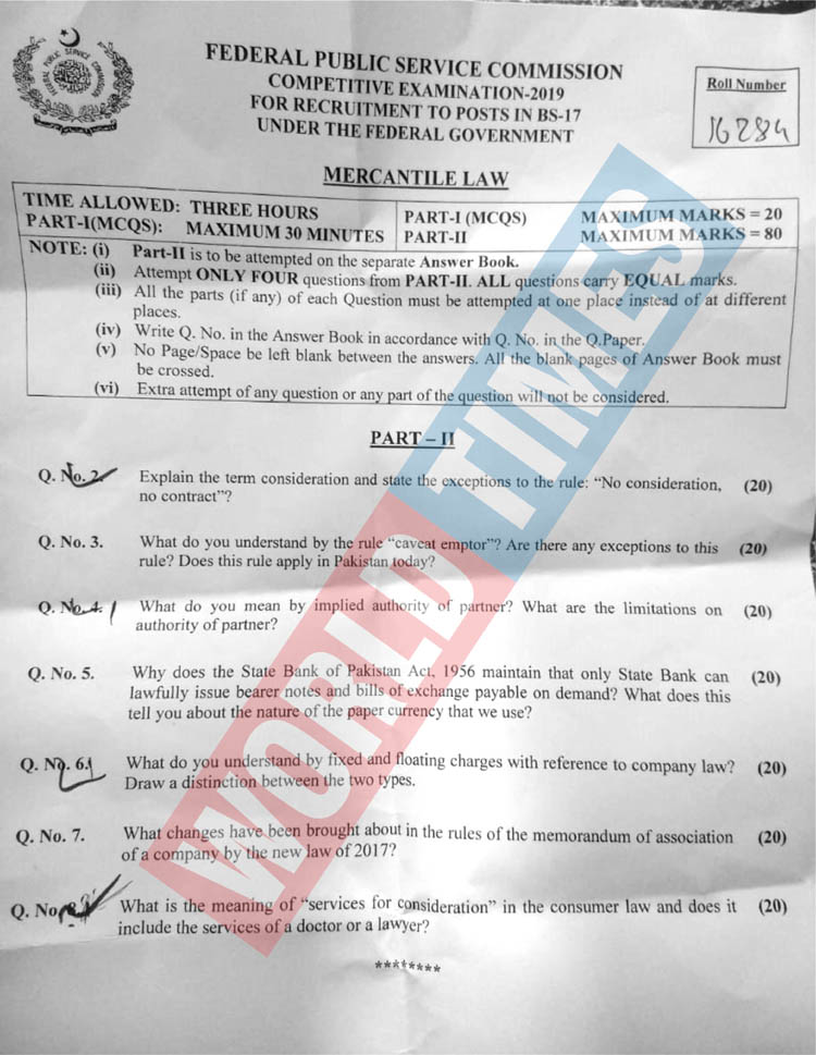 CSS-2019 Mercantile Law Paper – Jahangir's World Times